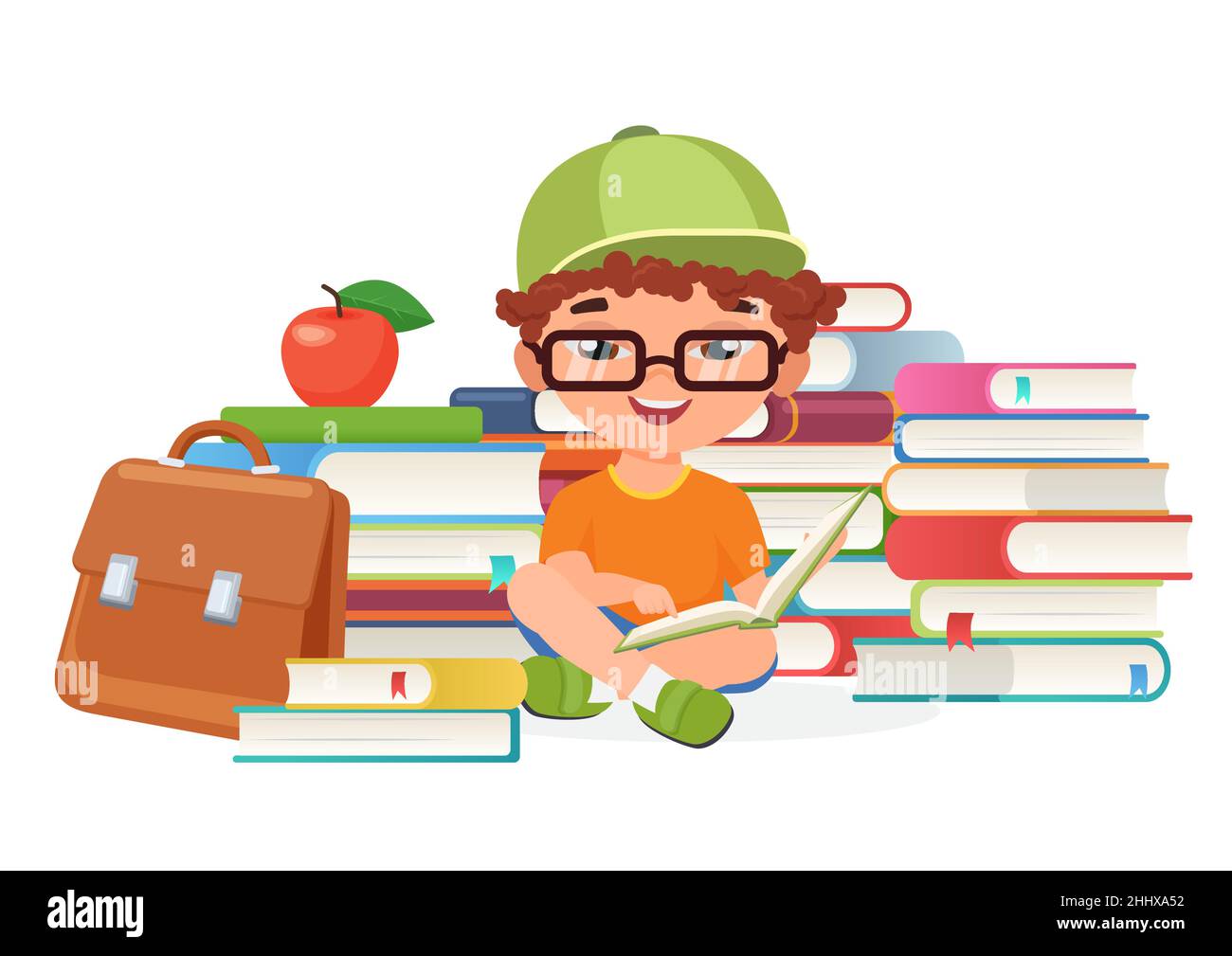 Boy pupil reading books alone vector illustration Stock Vector Image ...