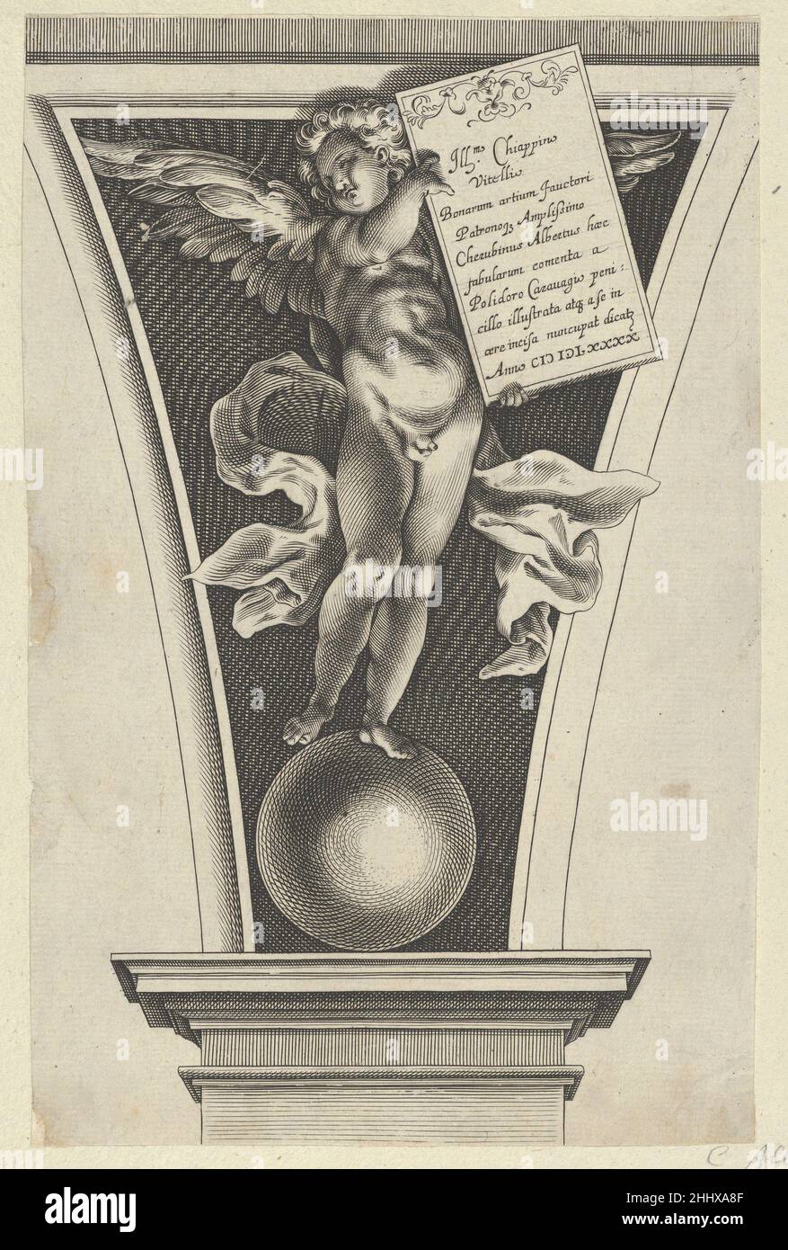 Winged putto holding a dedicatory plaque standing on an orb in an ...