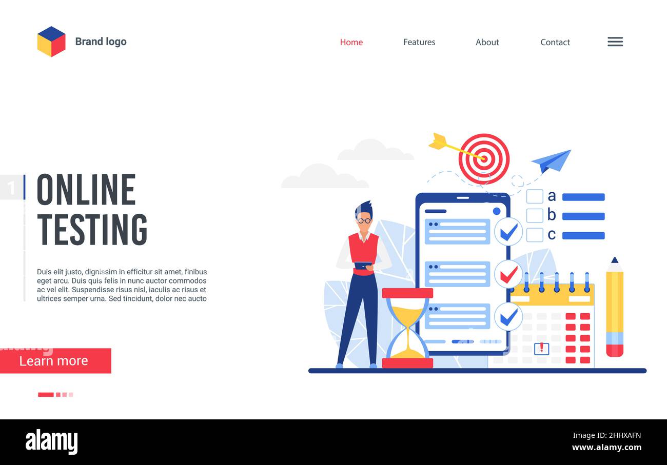 Cartoon flat tiny man character using smartphone app for online testing ...