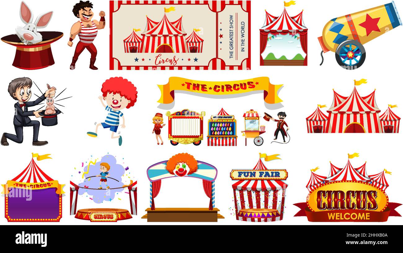 Set of circus characters and amusement park elements illustration Stock ...