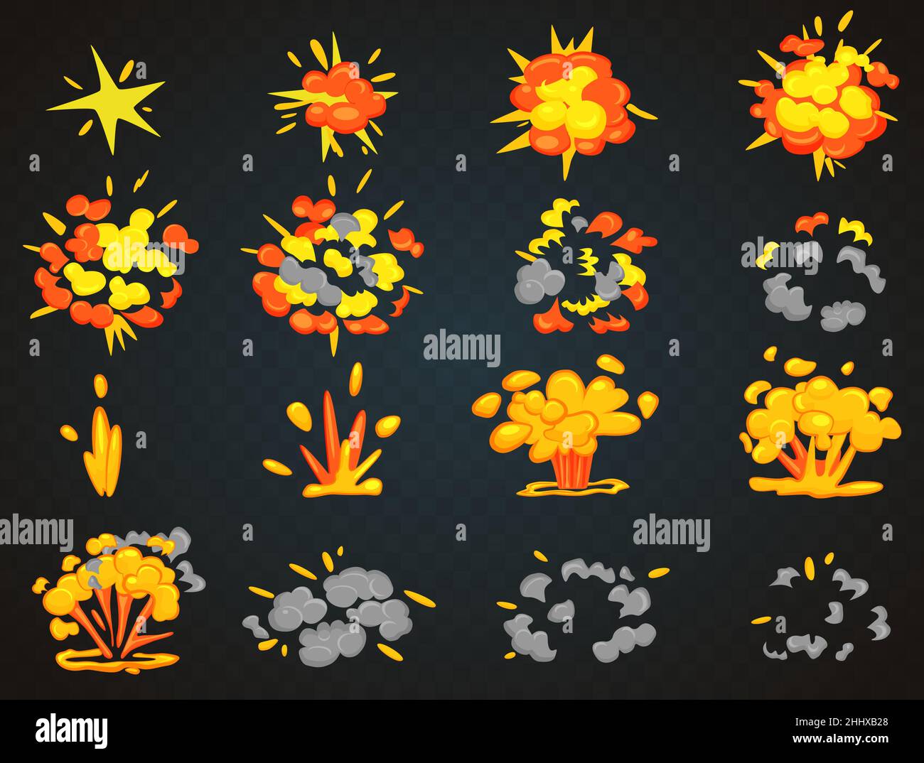 Key frames of bomb cartoon explosion animation. Bang top and front view ...