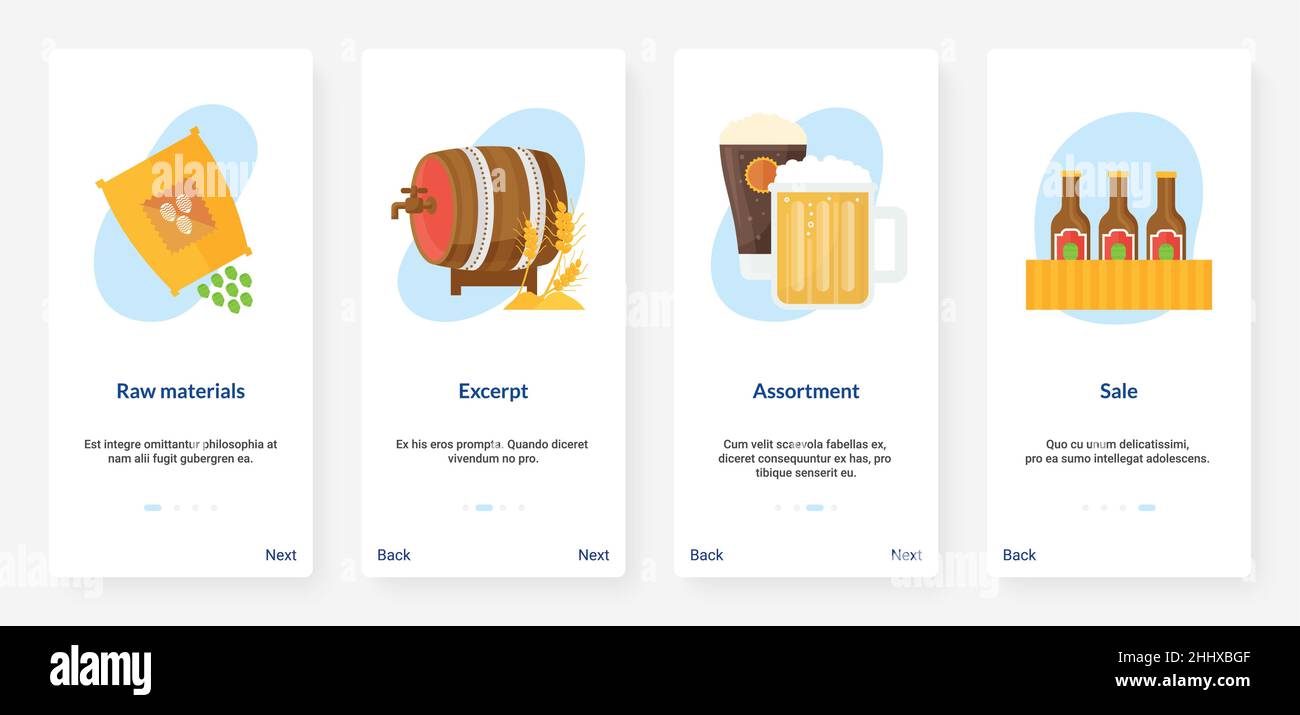 Beer production and sale vector illustration. UX, UI onboarding mobile ...