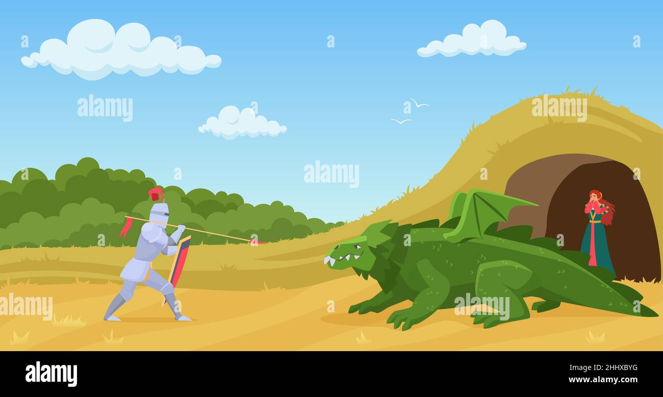 Fight with dragon vector illustration. Cartoon flat knight warrior in ...
