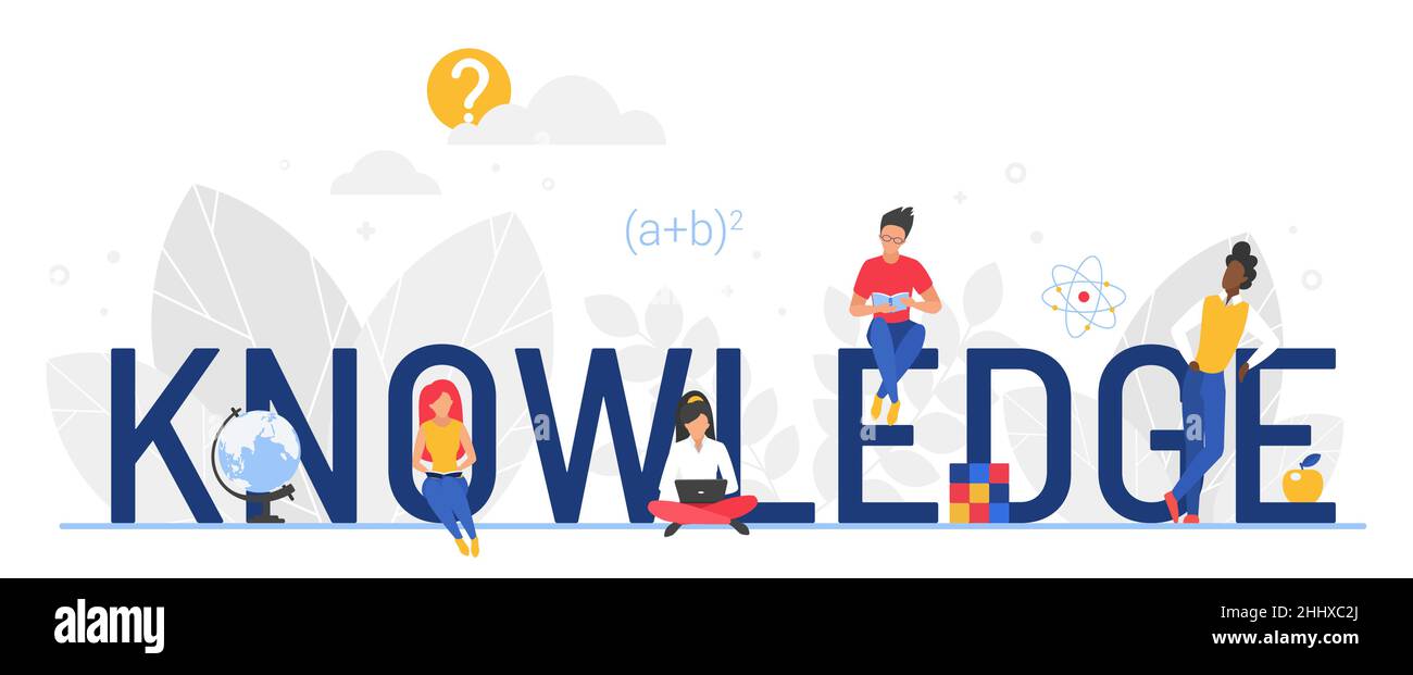 Knowledge word vector illustration. Cartoon flat tiny booklovers woman ...