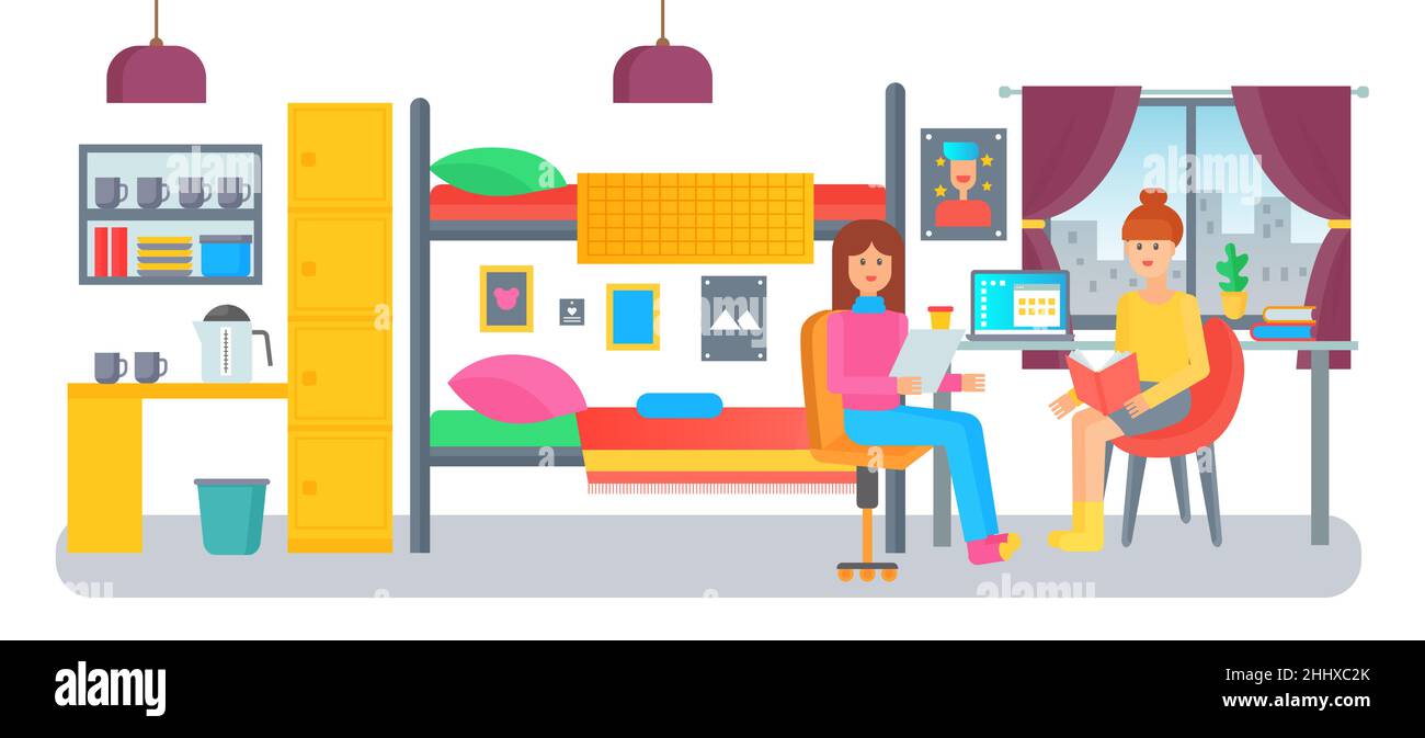 Male and female students in university college dormitory room flat ...