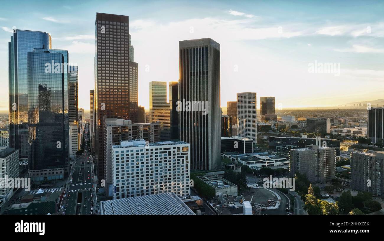 Los Angels city center. Los angeles aerial view, with drone. Los ...