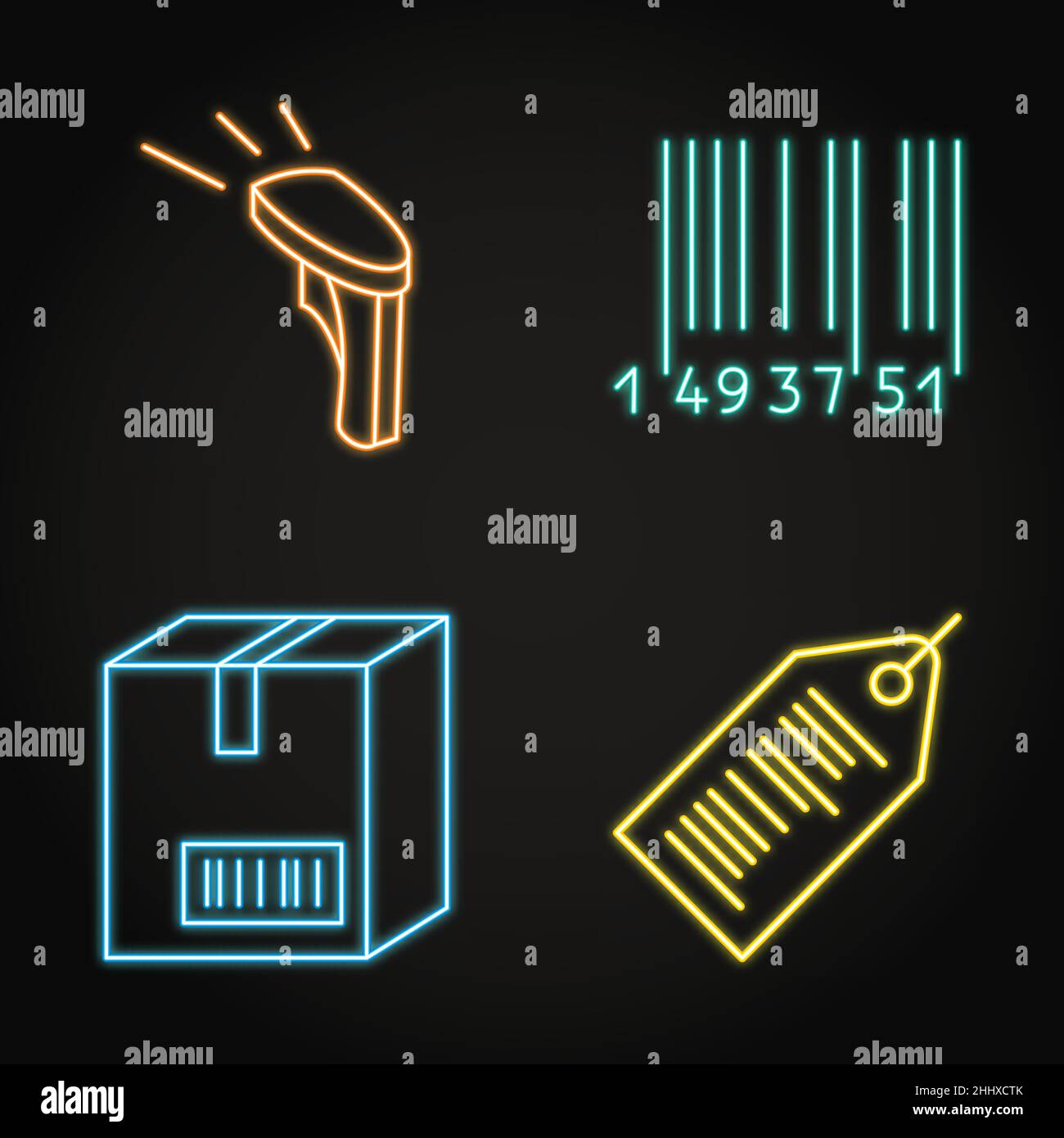 Neon barcode tags and scanner icon set in line style. Vector ...