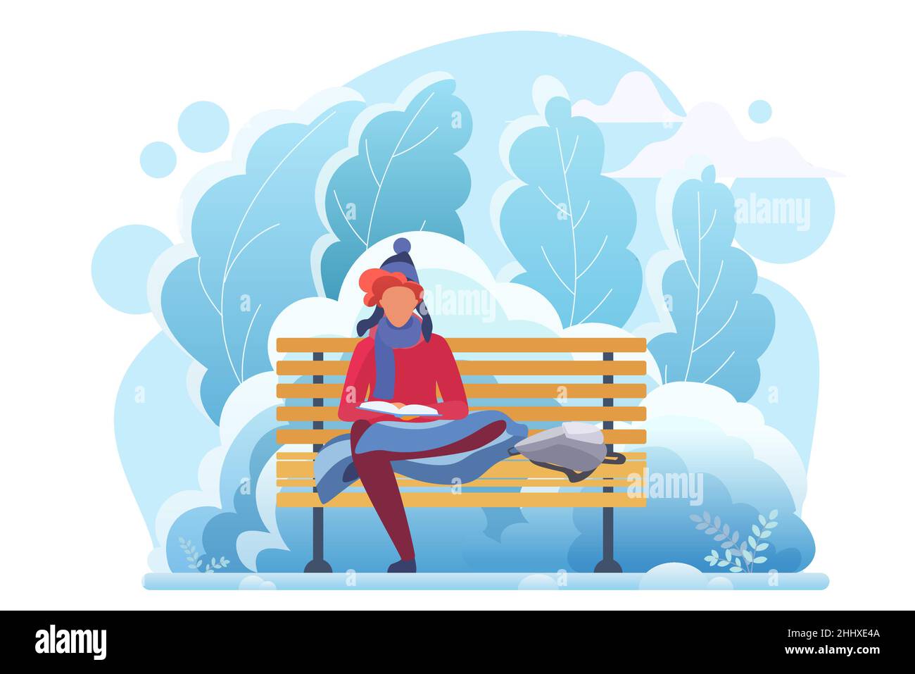 Young man reading in winter cold park flat vector illustration. Smart ...