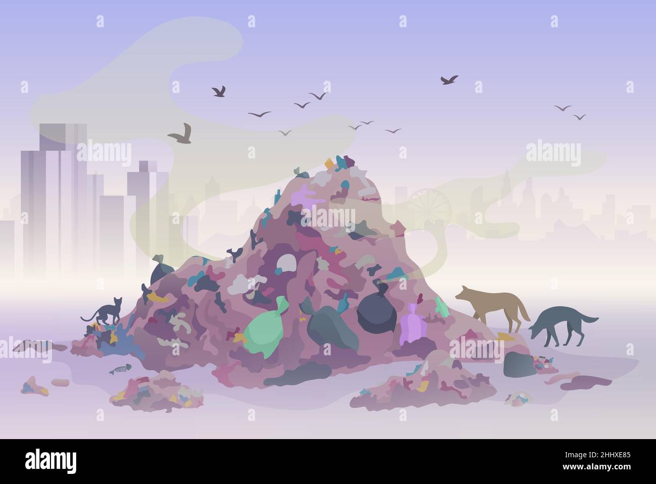Smelling landfill waste landscape with city skyscrapers on the ...