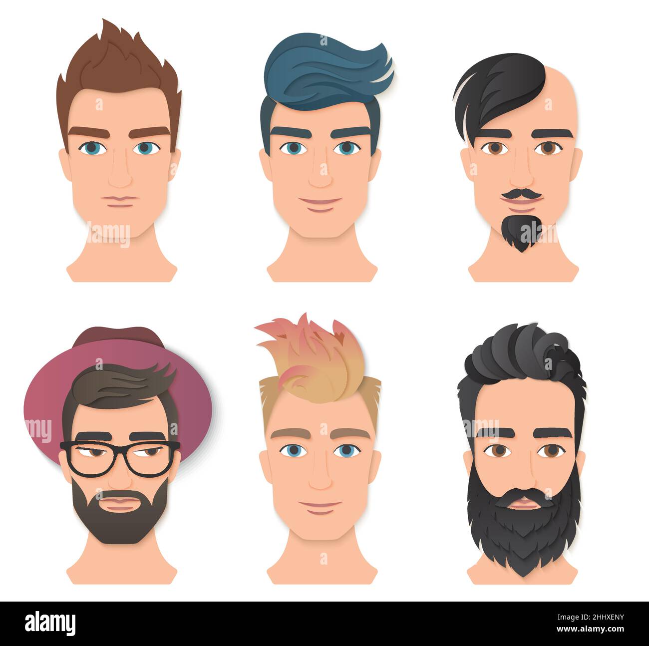 Male portrait avatar face set vector illustration. Young stylish man ...