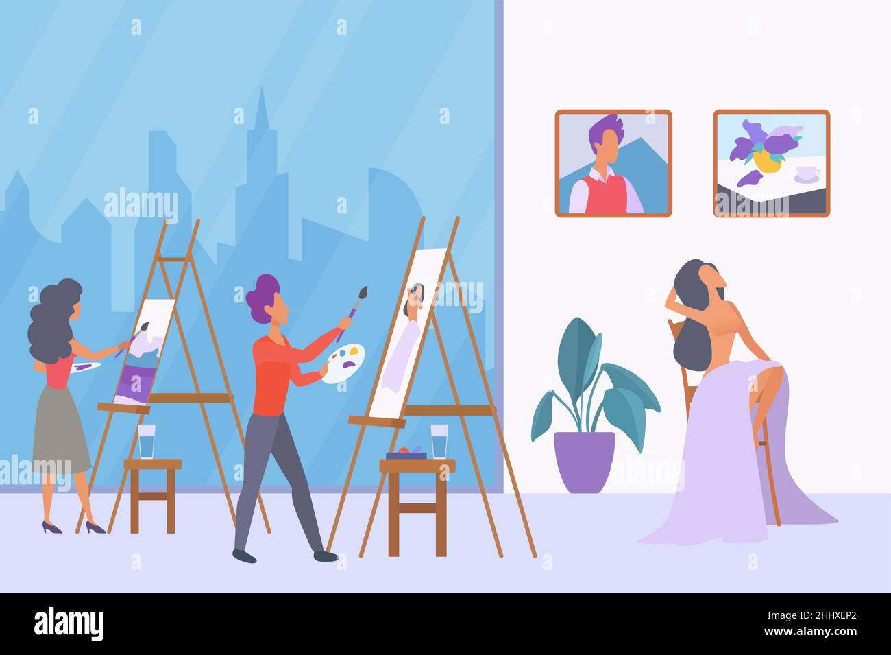 Art class, oil and acrylic painting lesson, artists sketching, drawing ...