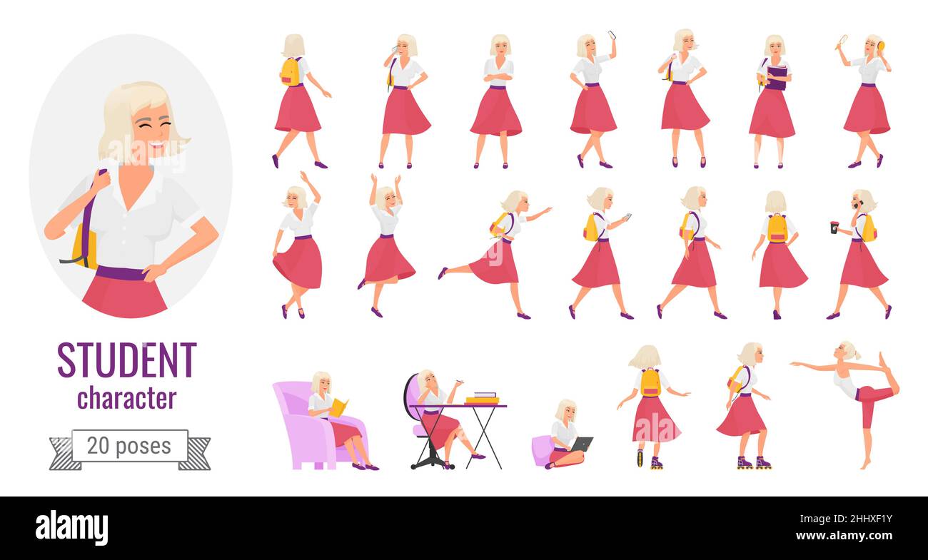 Student girl poses vector illustration set. Cartoon cute beautiful ...