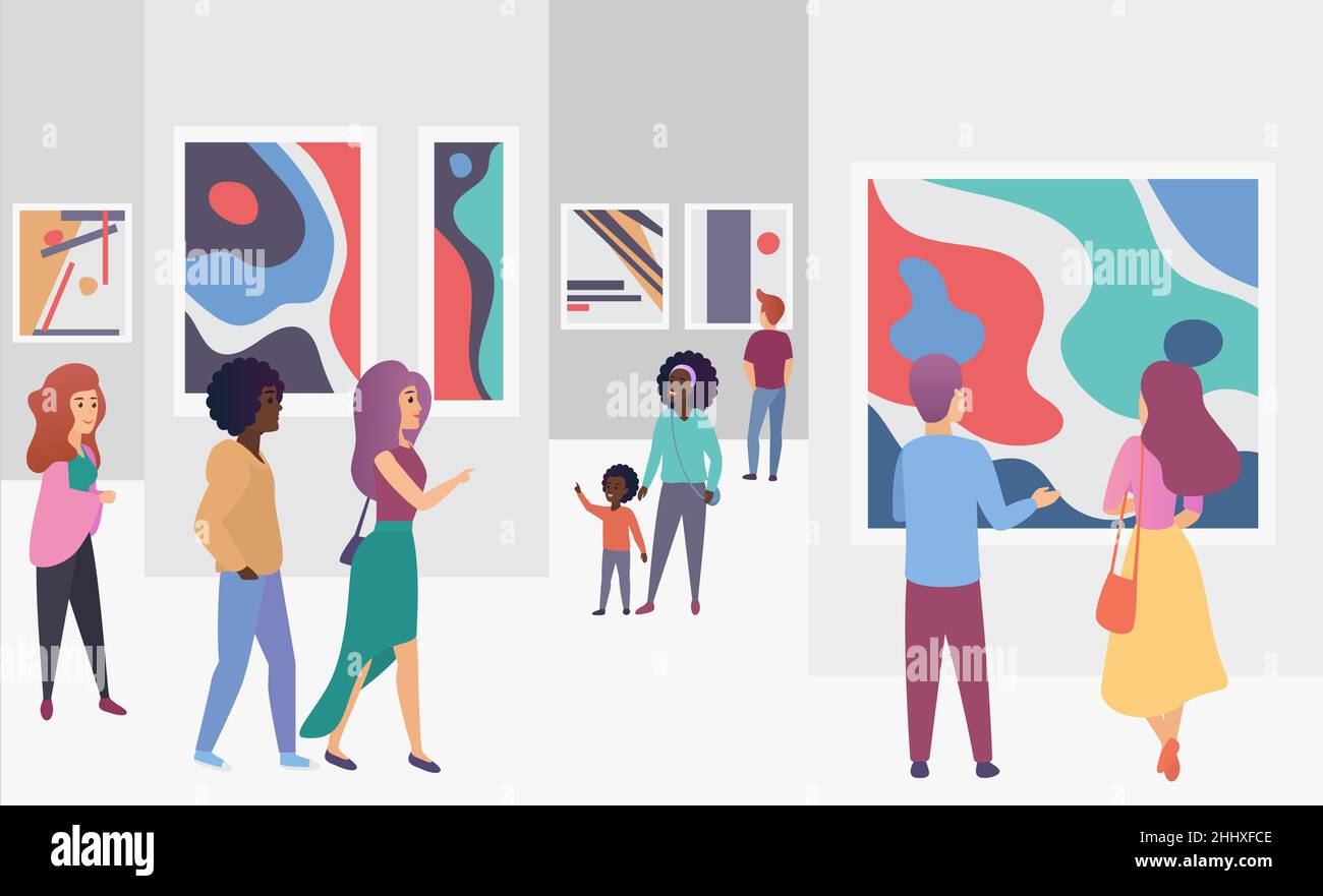 Exhibition gallery visitors viewing trendy abstract paintings pictures ...