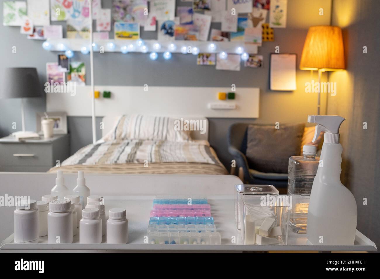 Group of plastic containers, jars and bottles with medicaments on ...