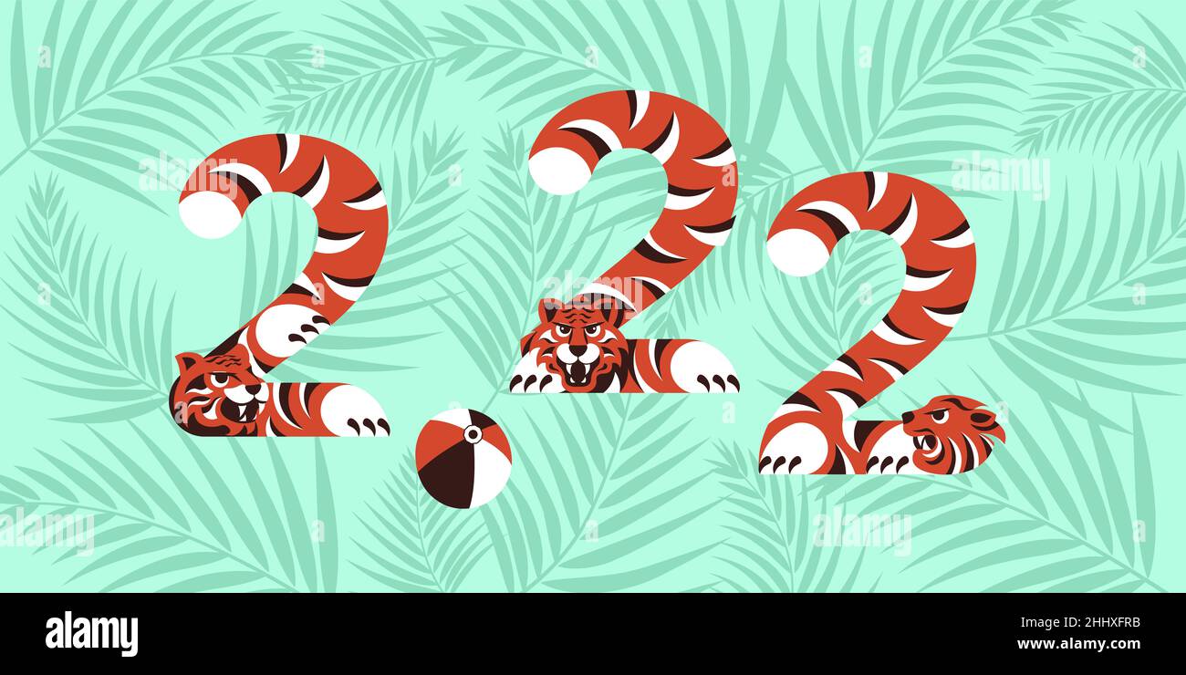 2022 greeting card or invitation banner with stilizated tigers on green ...