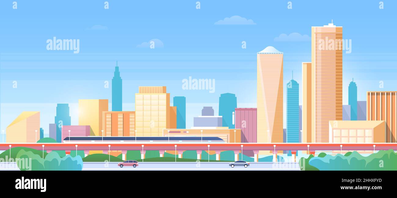 Panorama of city subway, urban cityscape with modern metro train on ...