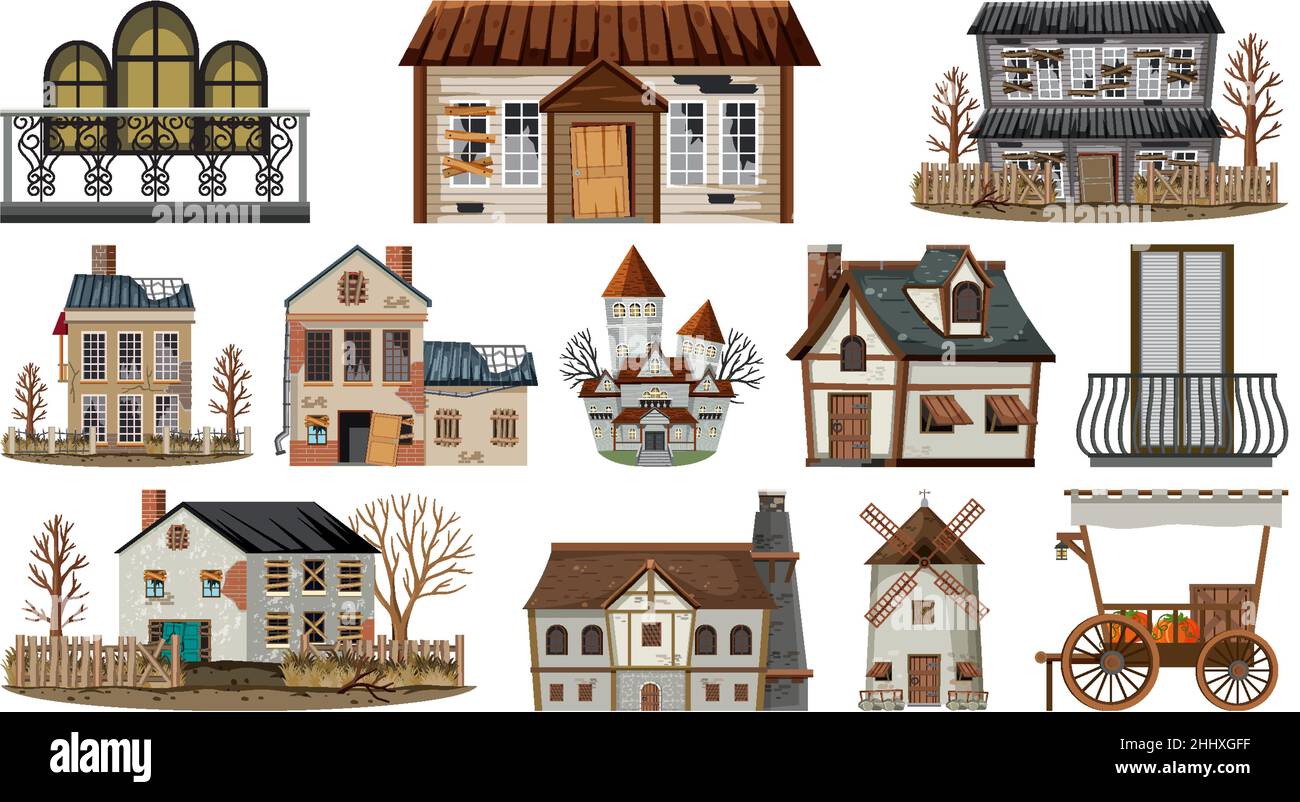 Set of abandoned houses and buildings illustration Stock Vector Image ...