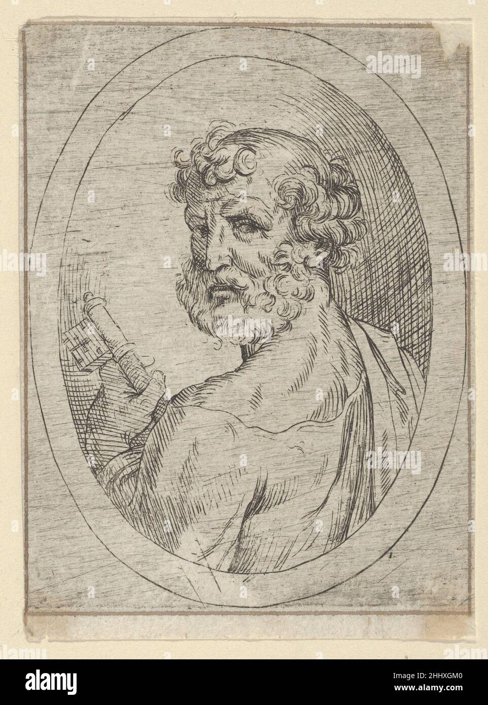Saint Peter seen from behind, turning to face outwards and holding a ...