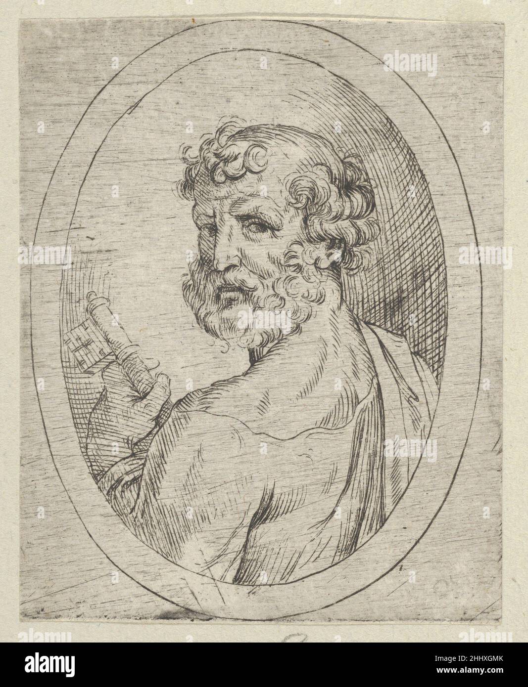 Saint Peter seen from behind, turning to face outwards and holding a ...