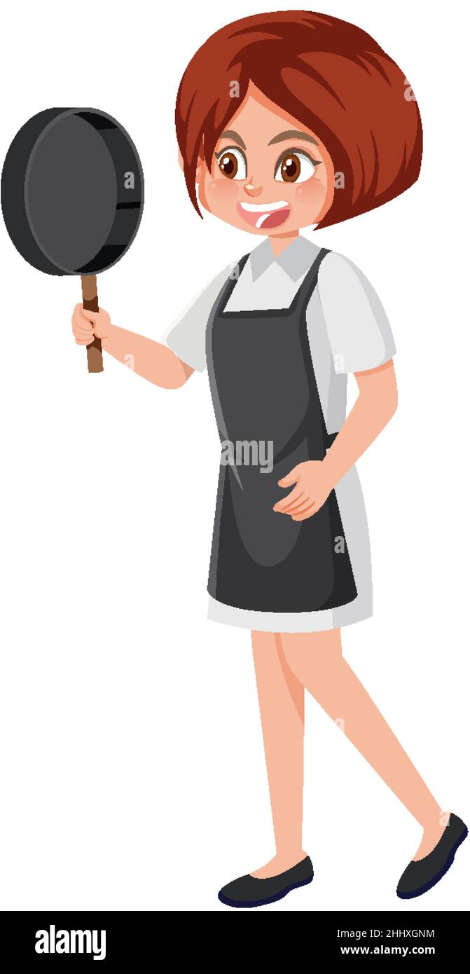 A woman holding a pan wearing apron cartoon character on white ...