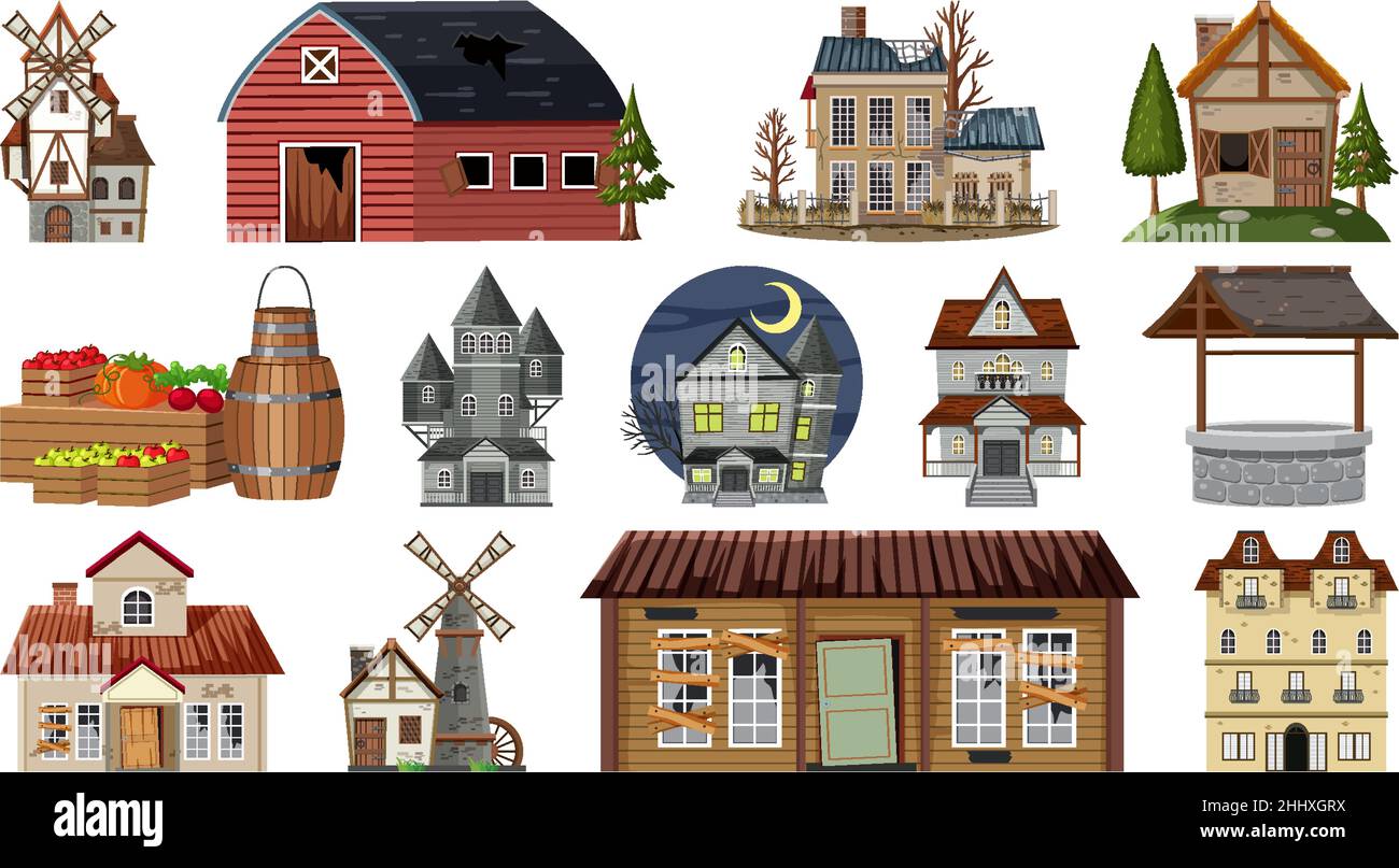 Set of abandoned houses and buildings illustration Stock Vector Image ...
