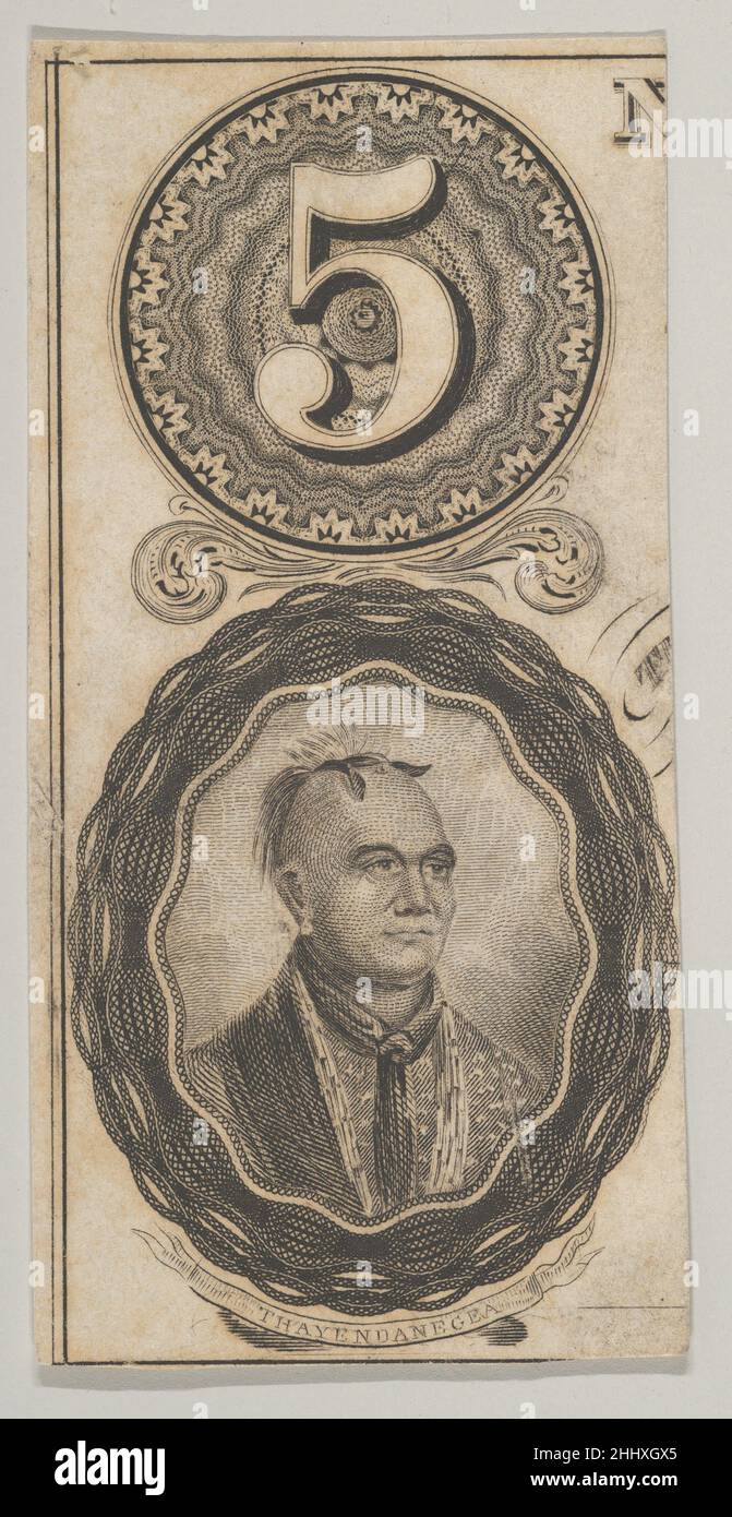Banknote motifs: the number 5 and a portrait of Thayendanegea ca. 1824 ...