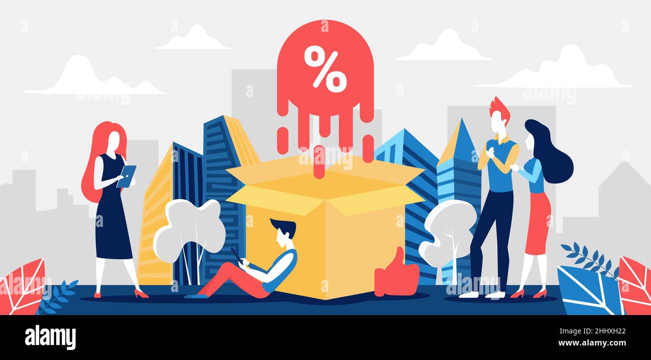 Percent, interest rate percentage increase vector illustration. Cartoon people standing next to ...