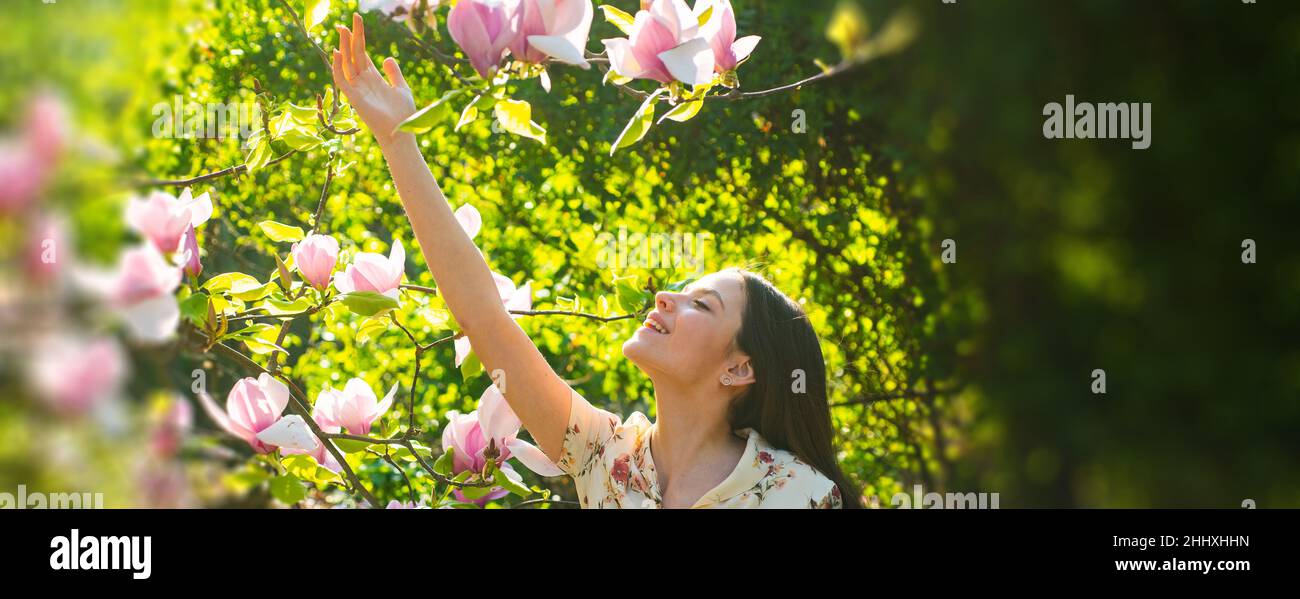 Spring woman face for banner. Young girl on Spring flowers background ...
