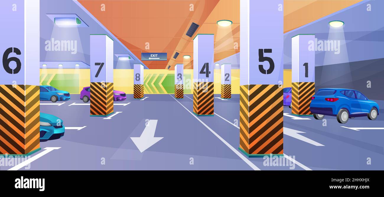 Underground car parking vector illustration. 3d interior design with ...
