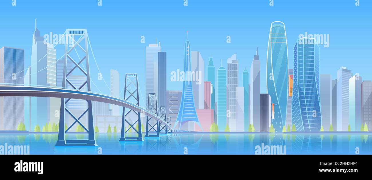 City bridge vector illustration. Cartoon flat modern urban blue ...