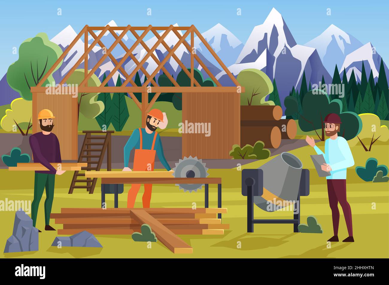 Building wooden house process on mountains background Stock Vector ...