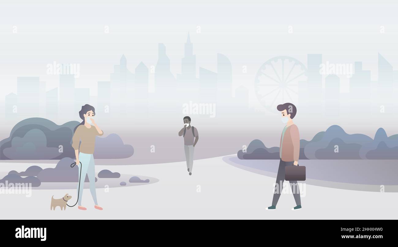 Sad people suffer from air pollution and wear protective masks ...