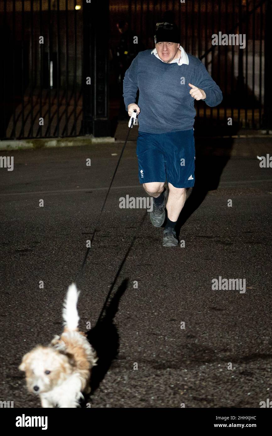 Prime Minister Boris Johnson jogging with his dog Dilyn in central ...
