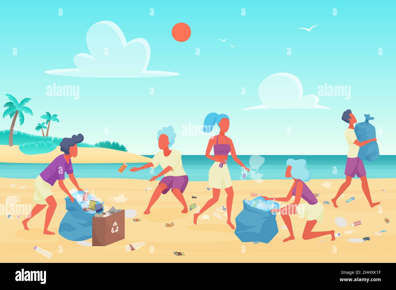 Beach cleaning flat vector illustration. Young people cleaning plastic ...