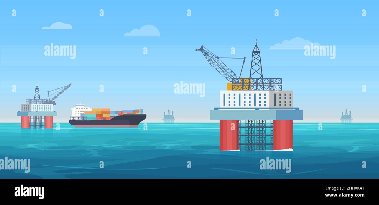 Oil drill platform vector illustration. Cartoon flat ocean or sea ...