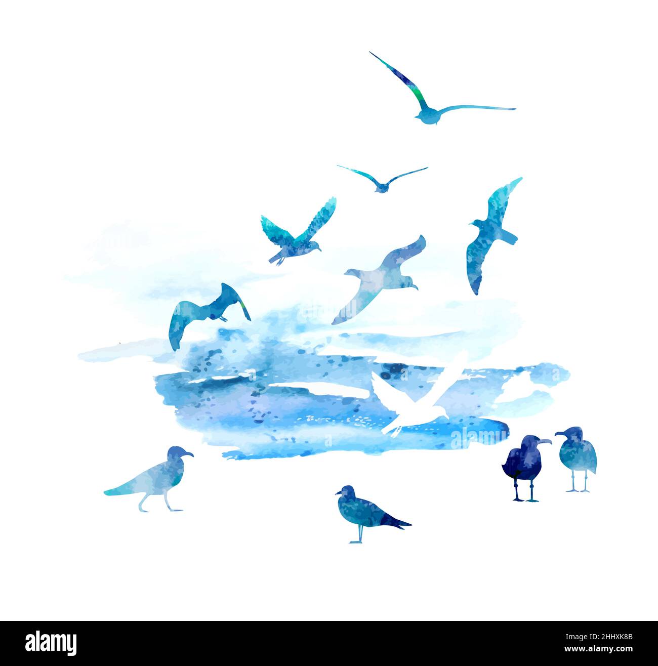 Flying blue watercolor seagulls. Vector illustration Stock Vector Image ...