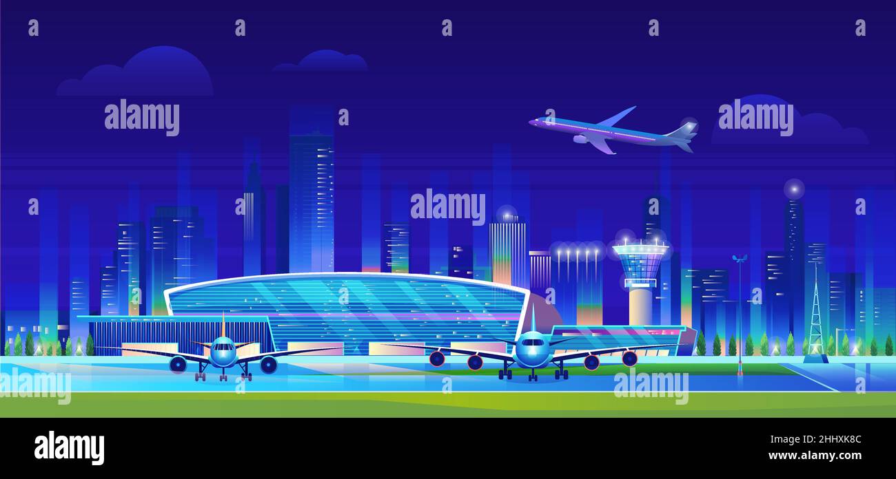City airport at night vector illustration. Cartoon flat airport ...