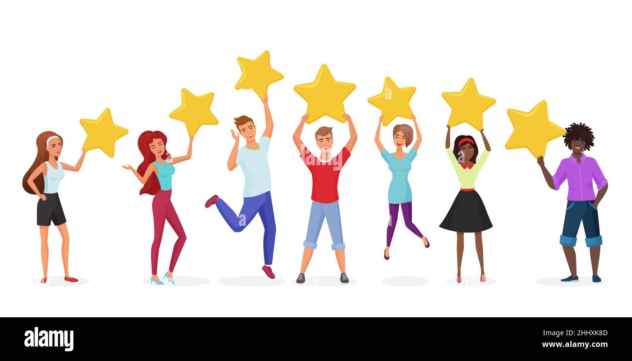 Customer positive feedback reviews concept, happy users holding golden ...