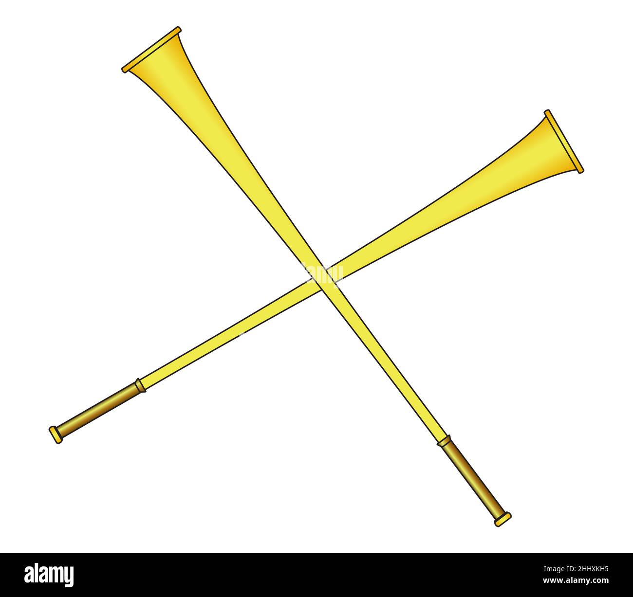 A pair of typical traditional long coach horns in brass metal isolated ...