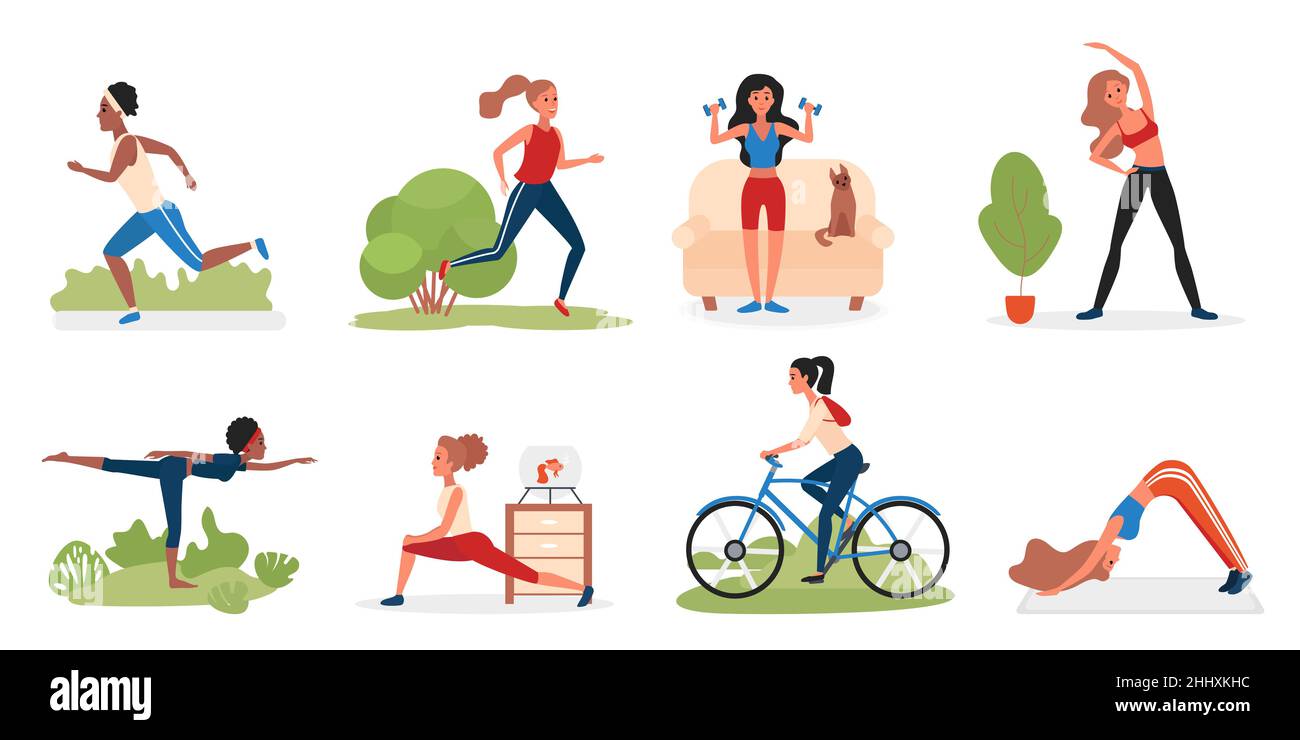 Sport woman activity vector illustration set. Cartoon active young ...