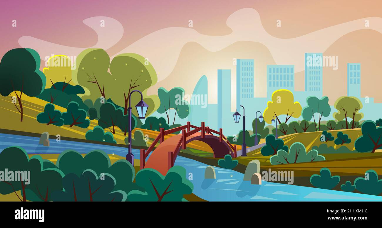 City park cartoon panorama with old style bridge above river and ...