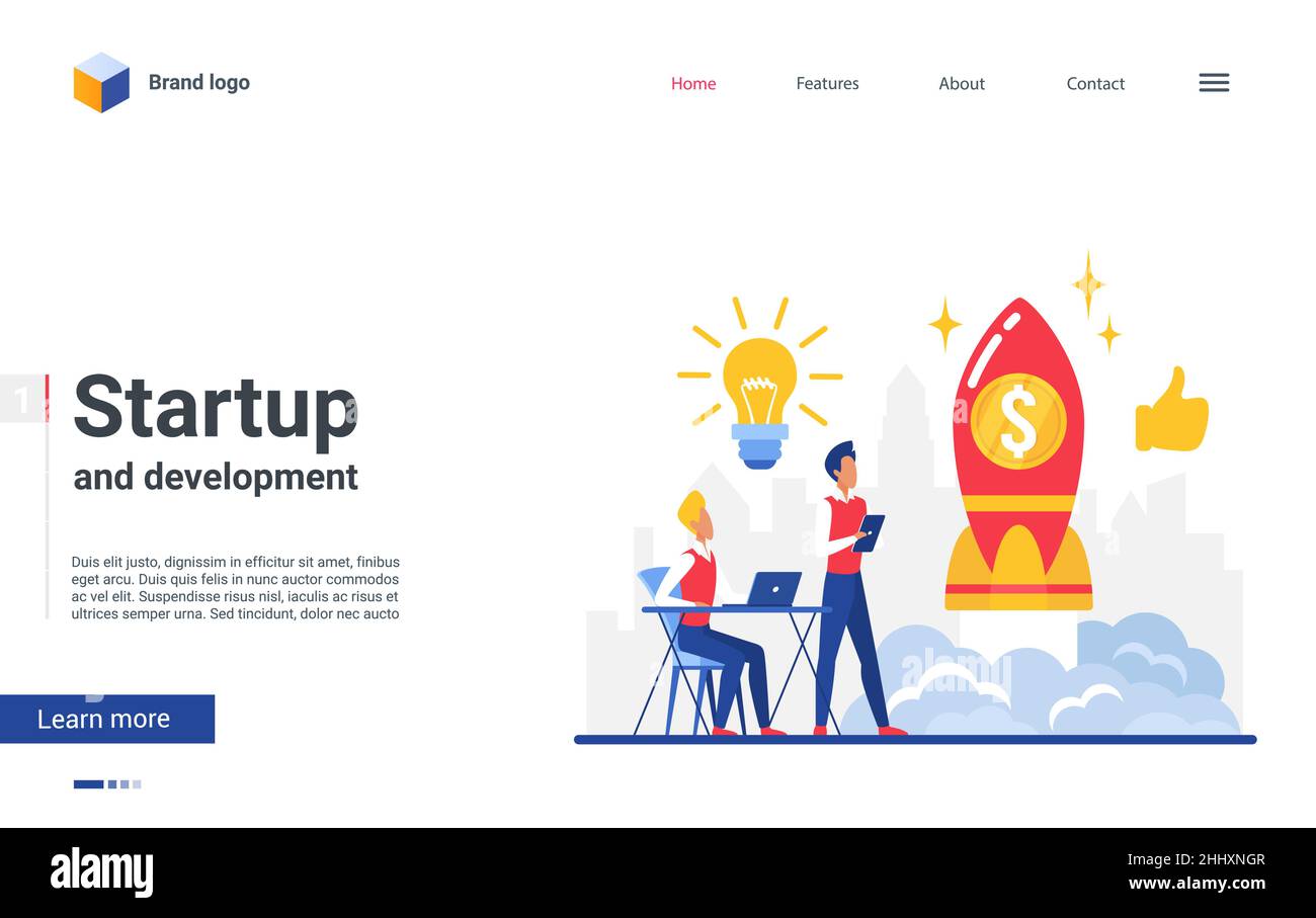 Cartoon landing page website design with flat businessman characters ...