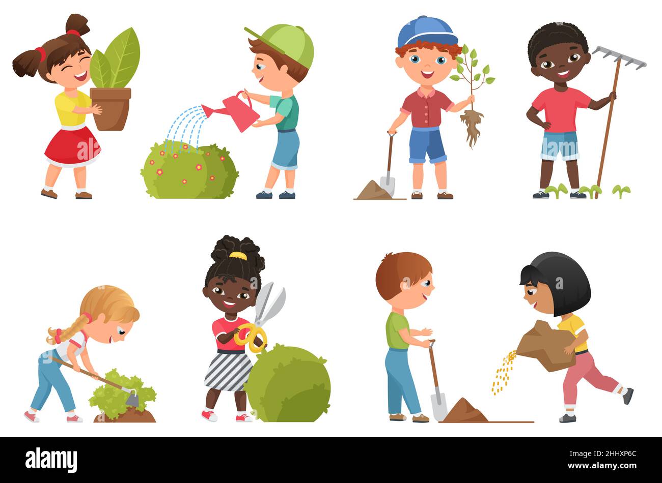 Kids gardening vector illustration set. Cartoon flat garden work ...