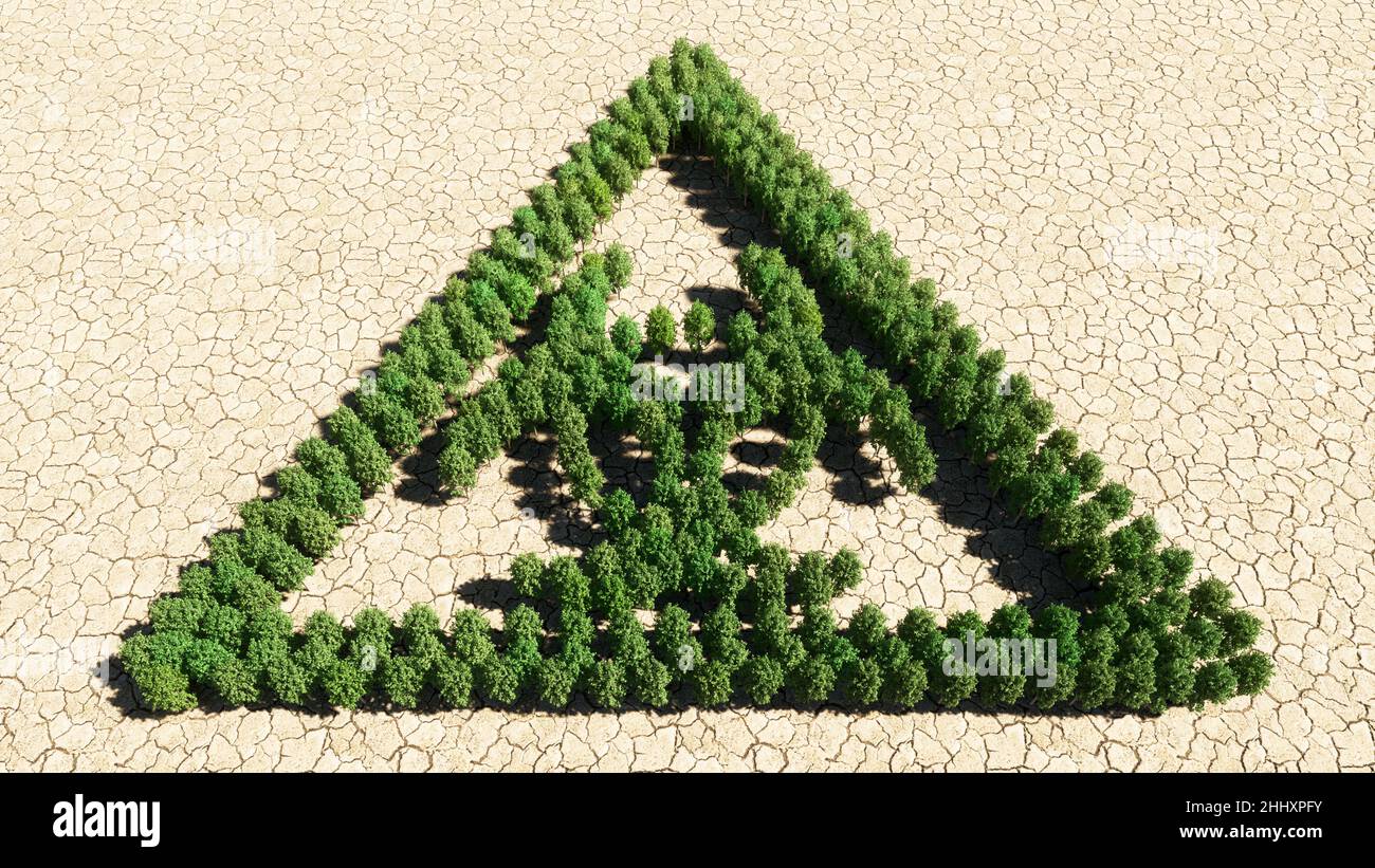 Concept or conceptual group of green forest tree on dry ground ...