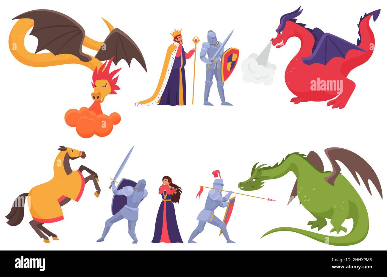 Medieval knight and dragon vector illustration set. Cartoon flat ...