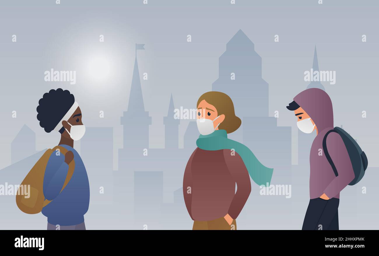 Sad people wearing protection medical face mask staying on the city ...