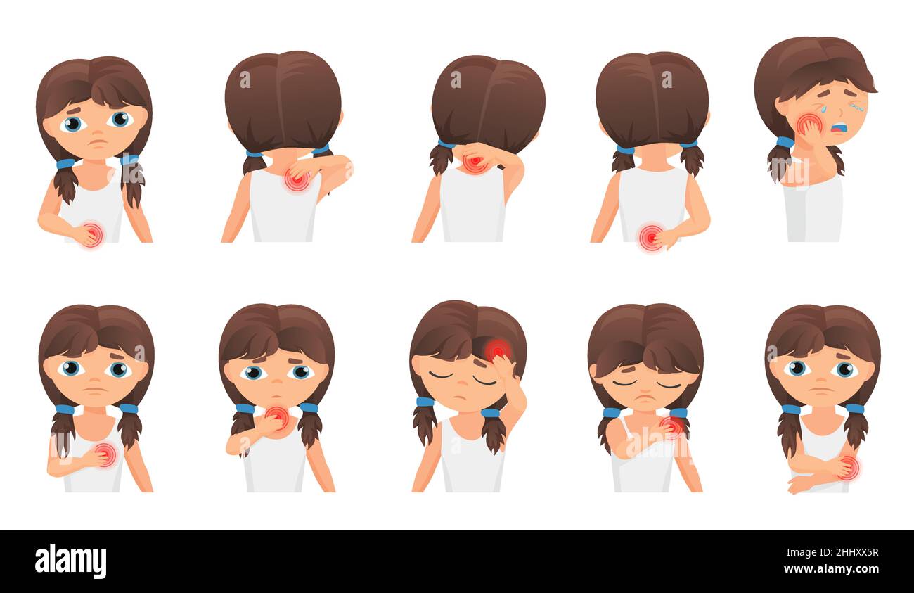 Body parts pain, child Diseases infographic set. Little girl kid feels ...