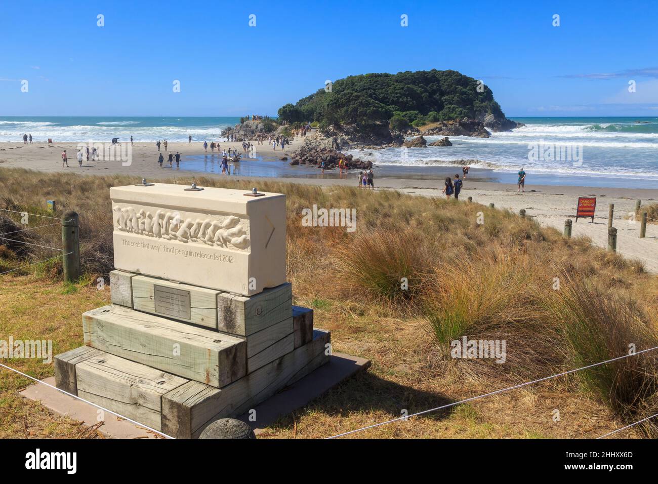 The beach at Mount Maunganui, New Zealand. In the foreground is a ...