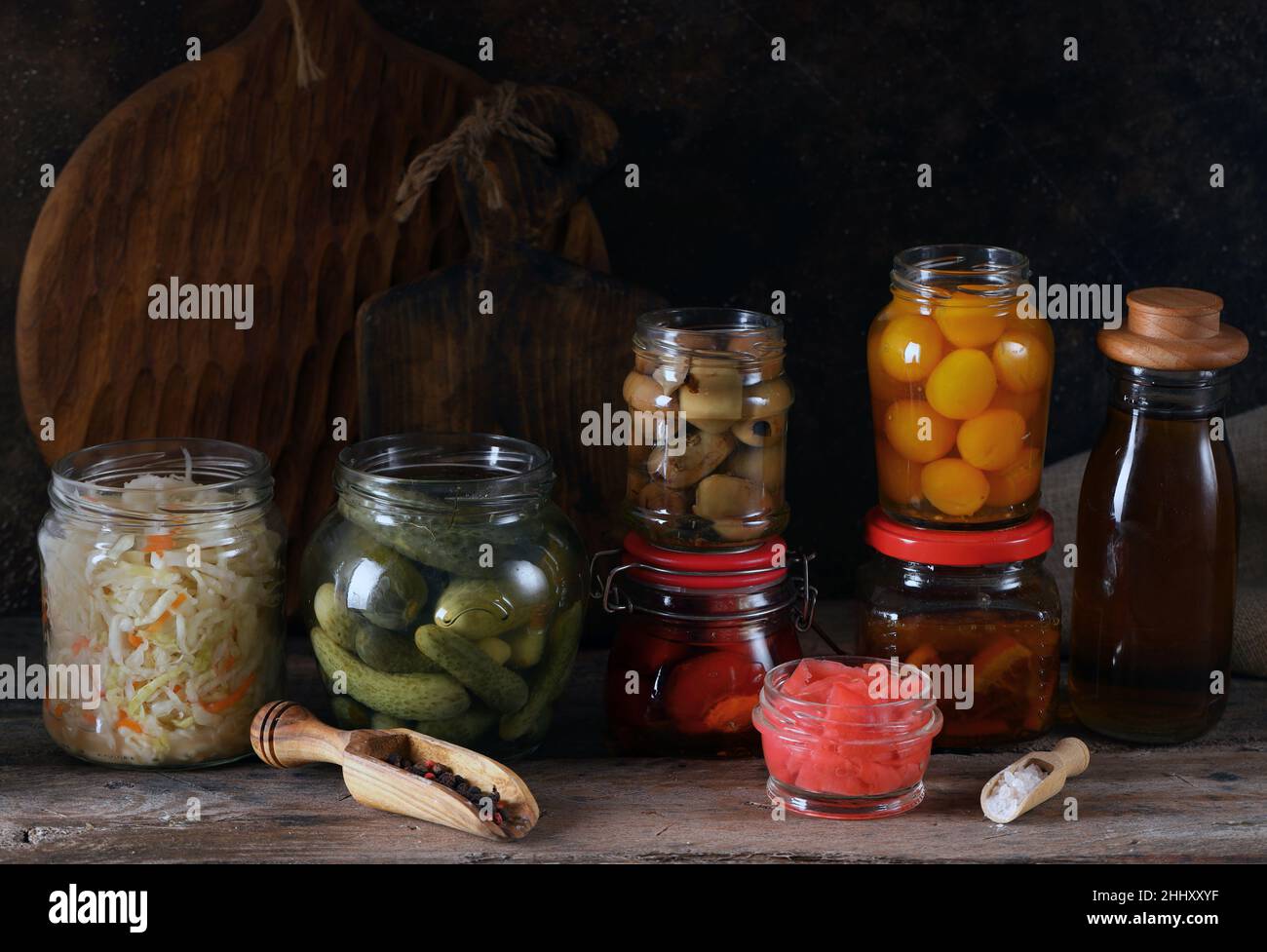 fermented vegetables in glass jars healthy food Stock Photo - Alamy