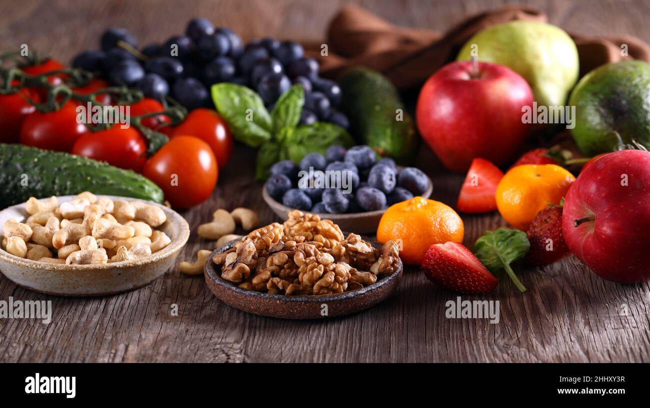 natural organic fruits and vegetables nuts for a healthy diet Stock ...
